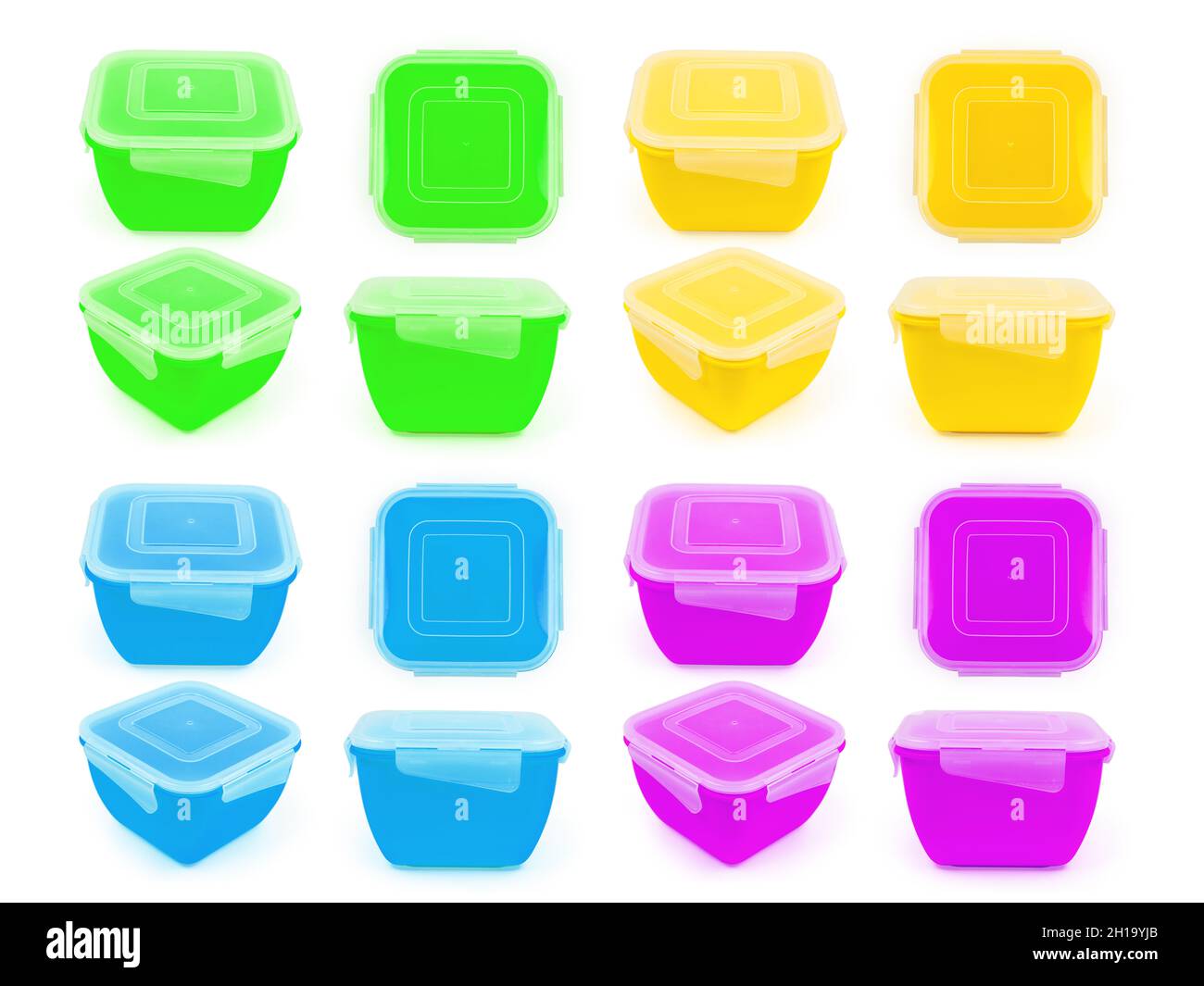 Square plastic food container in yellow, blue, green and purple colors ...