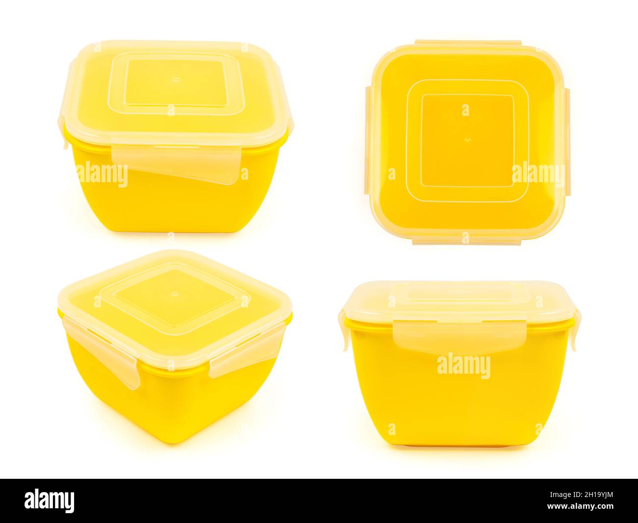 Square yellow plastic lunch box in four projections isolated on white ...