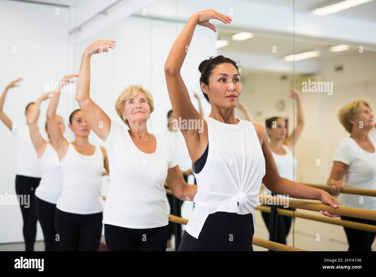 Group of women engaged in ballet standing in the 3rd position of the ...