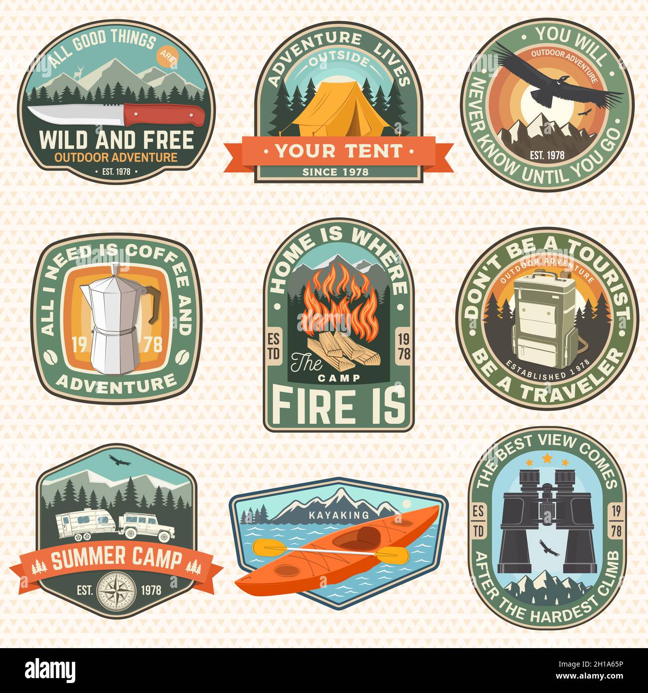 Set of Summer camp patches. Vector illustration. Concept for shirt or ...