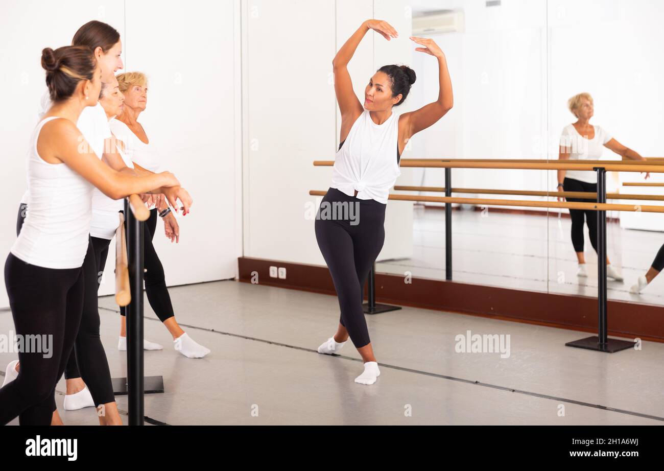 Ballet teacher demonstrates dance moves to students of school Stock ...
