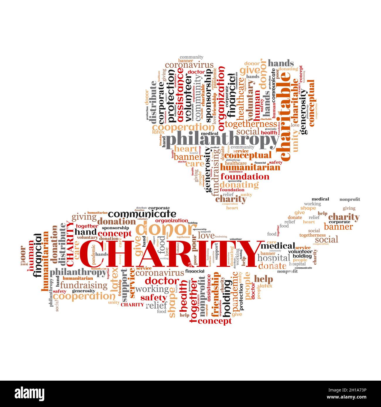 Charity word cloud concept with heart stand on hand charity symbol ...