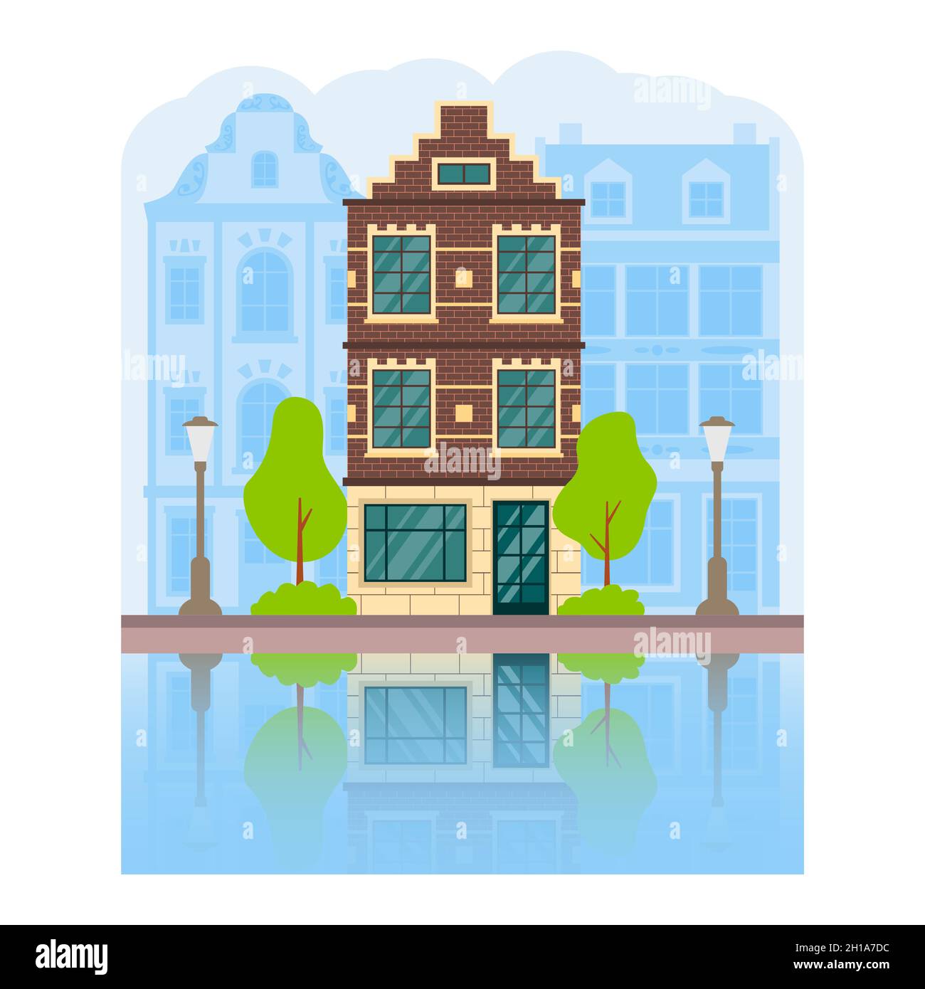 Vector flat illustration. Dutch cityscape canal.Street with facades of ...