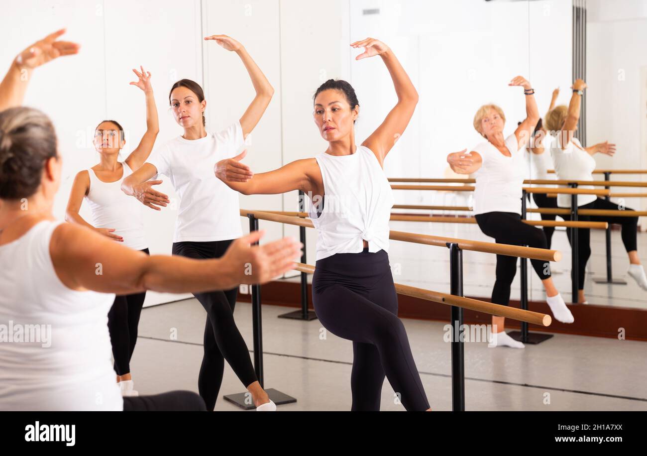 Ballet troupe of different ages in lesson in dance class Stock Photo ...