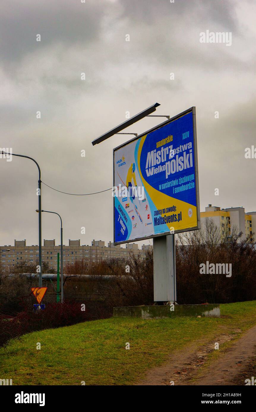 POZNAN, POLAND - Jan 25, 2015: A vertical of a big advertising ...