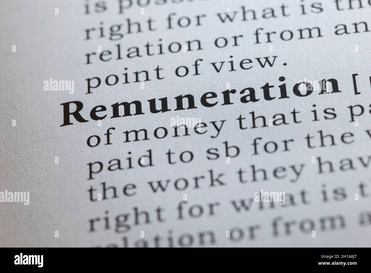 Fake Dictionary word, Dictionary definition of Remuneration Stock Photo ...