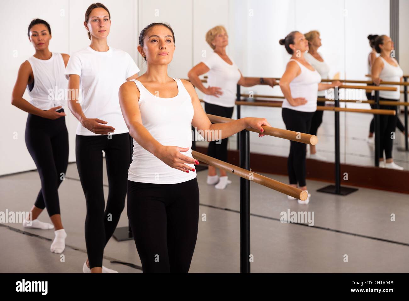 Group of women engaged in ballet in a dance studio performs a ...