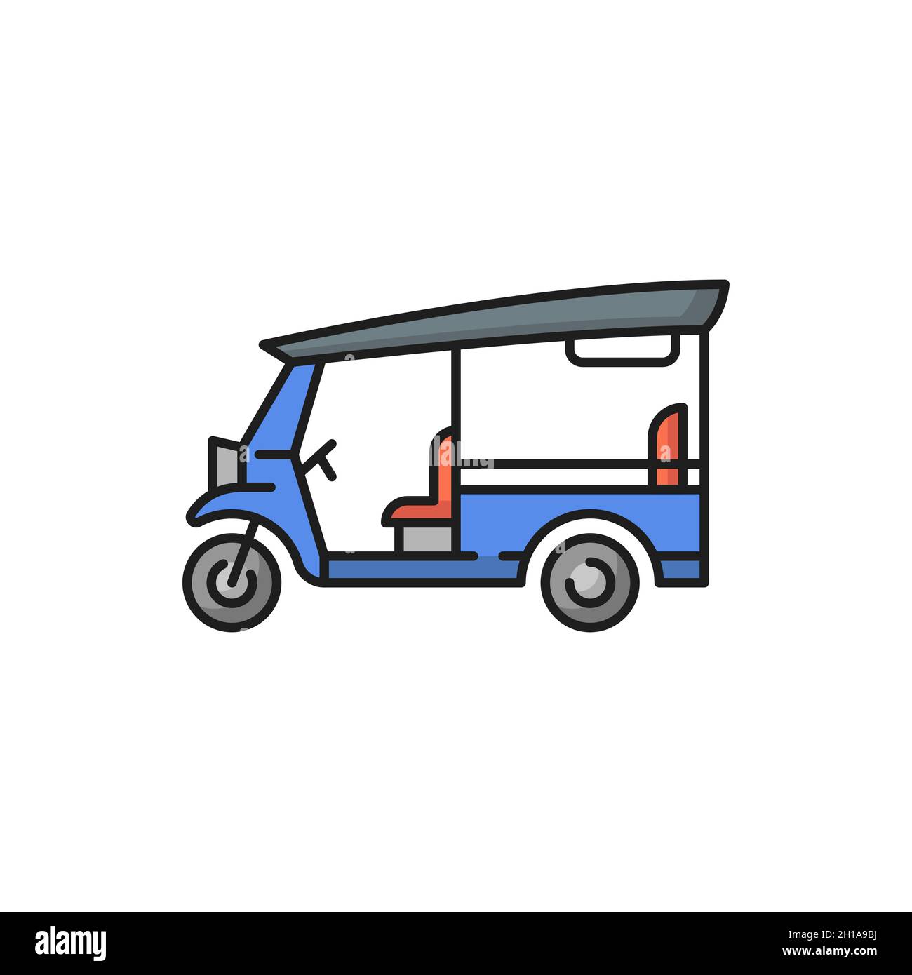 Traditional Thailand tuk tuk tricycle, beach car isolated color line icon. Vector automobile or ...
