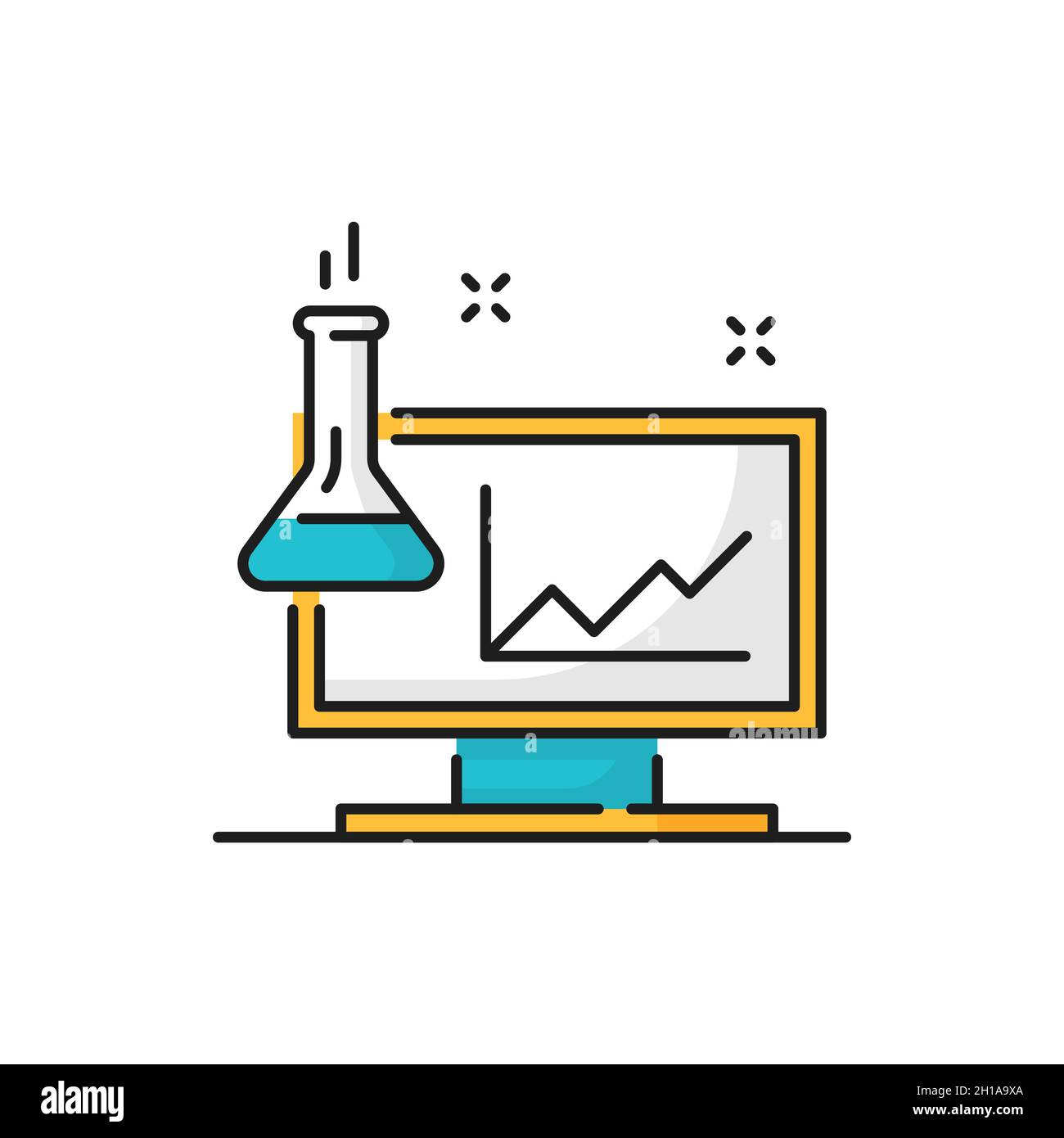 Computer with charts and beaker chemical glassware isolated line icon ...