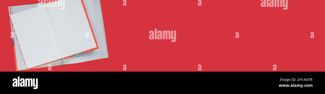 Book banner. Open blank books on a bright red background .Knowledge ...