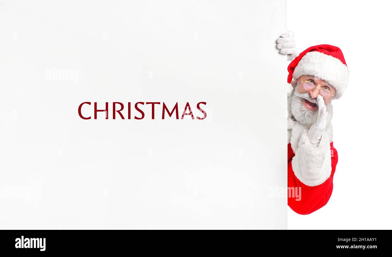 Santa Claus and poster with word CHRISTMAS on white background Stock ...