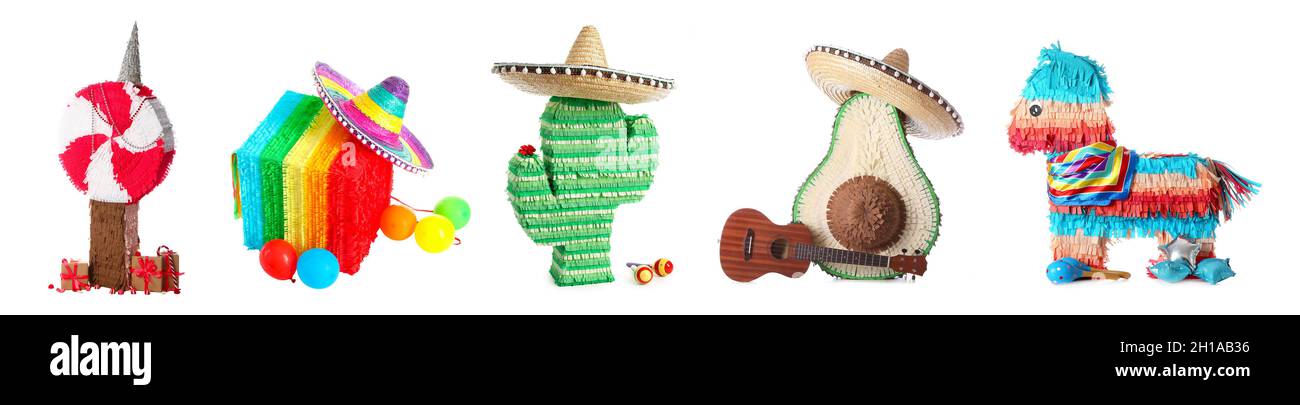 Set of different Mexican pinatas on white background Stock Photo - Alamy