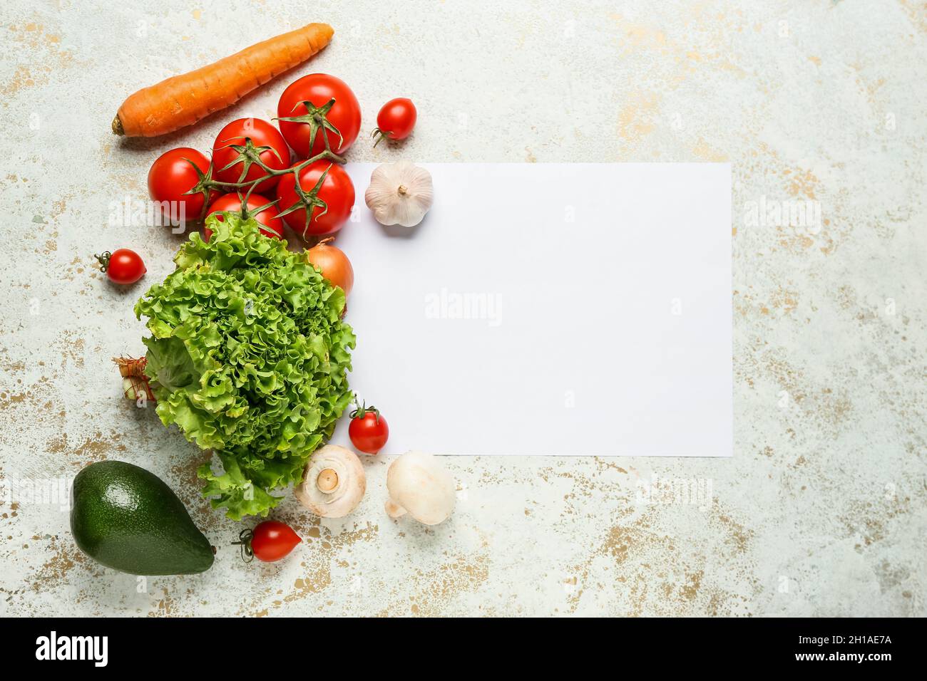 Healthy products and blank sheet of paper on light background Stock ...