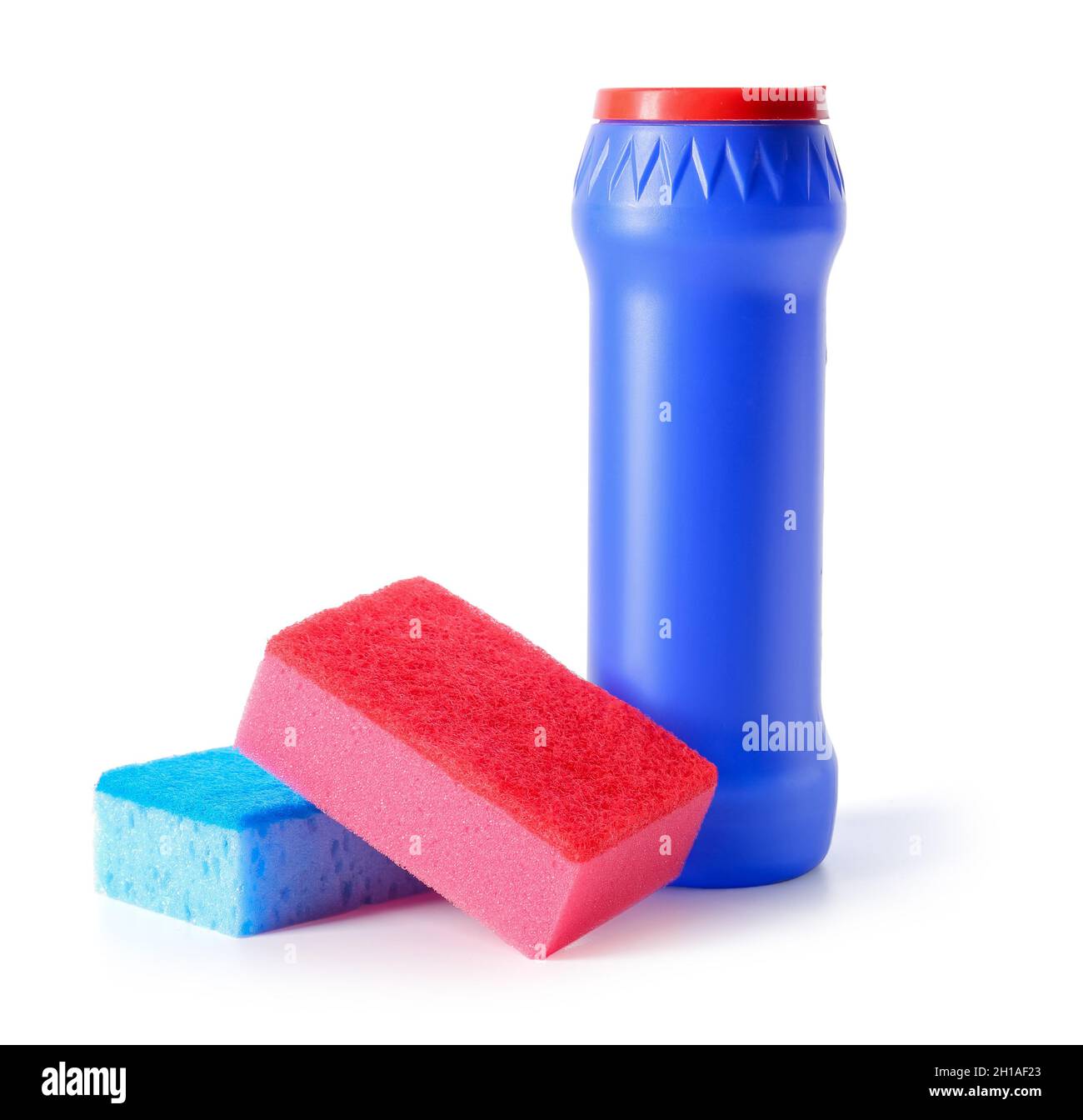 Cleaning sponge and bottle of detergent on white background Stock Photo ...