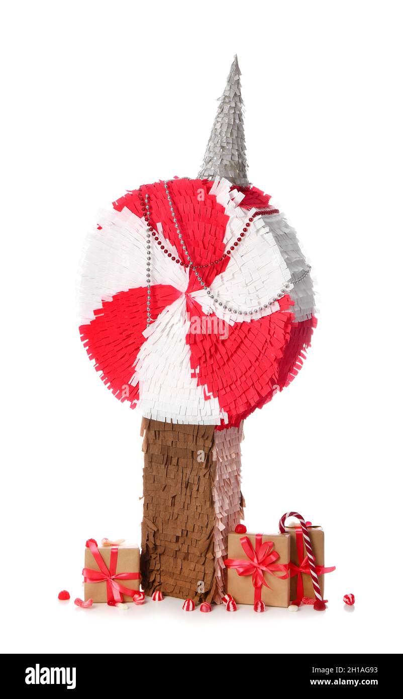 Lollipop pinata with party hat and gifts on white background Stock ...