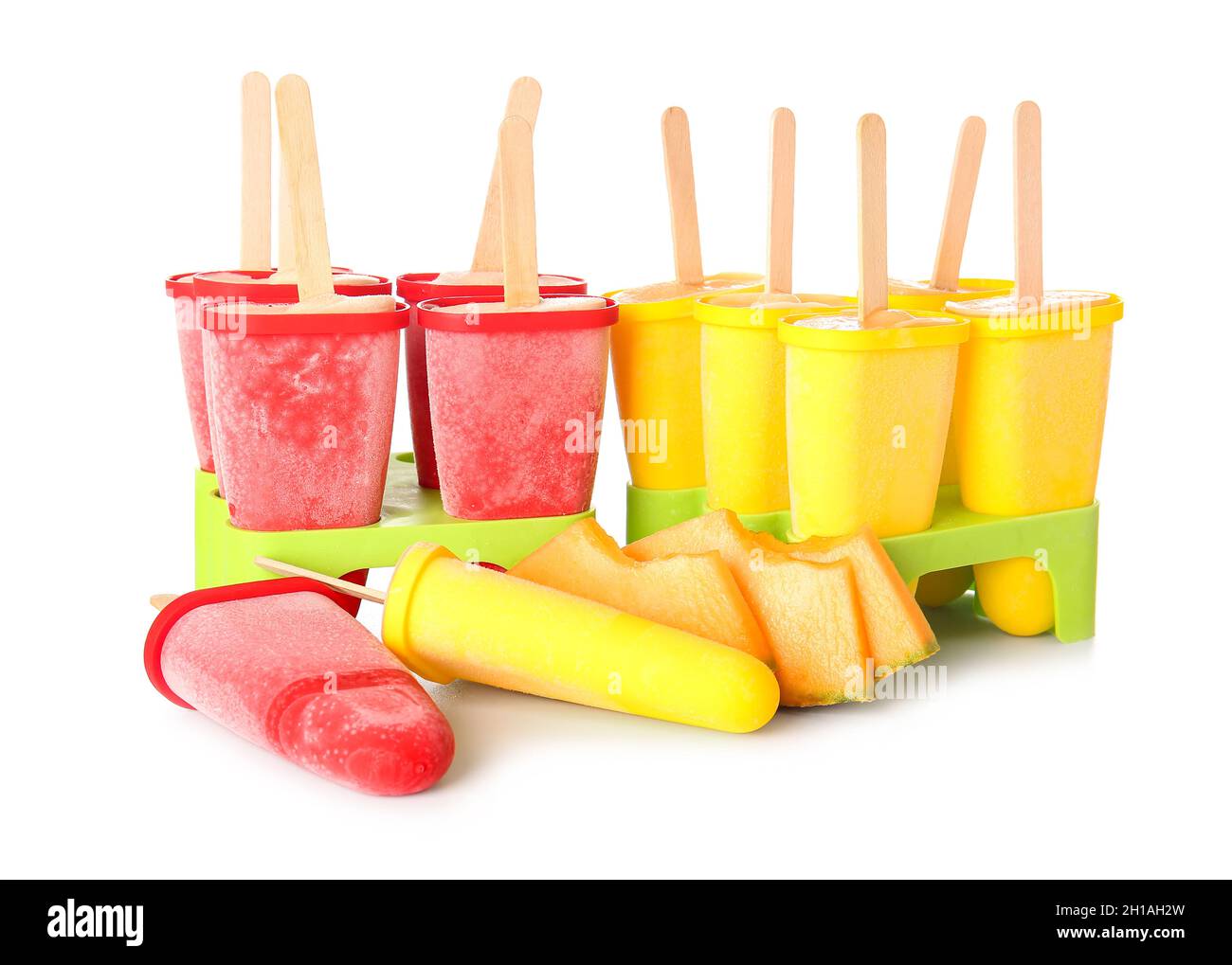 Containers with tasty melon popsicles on white background Stock Photo ...