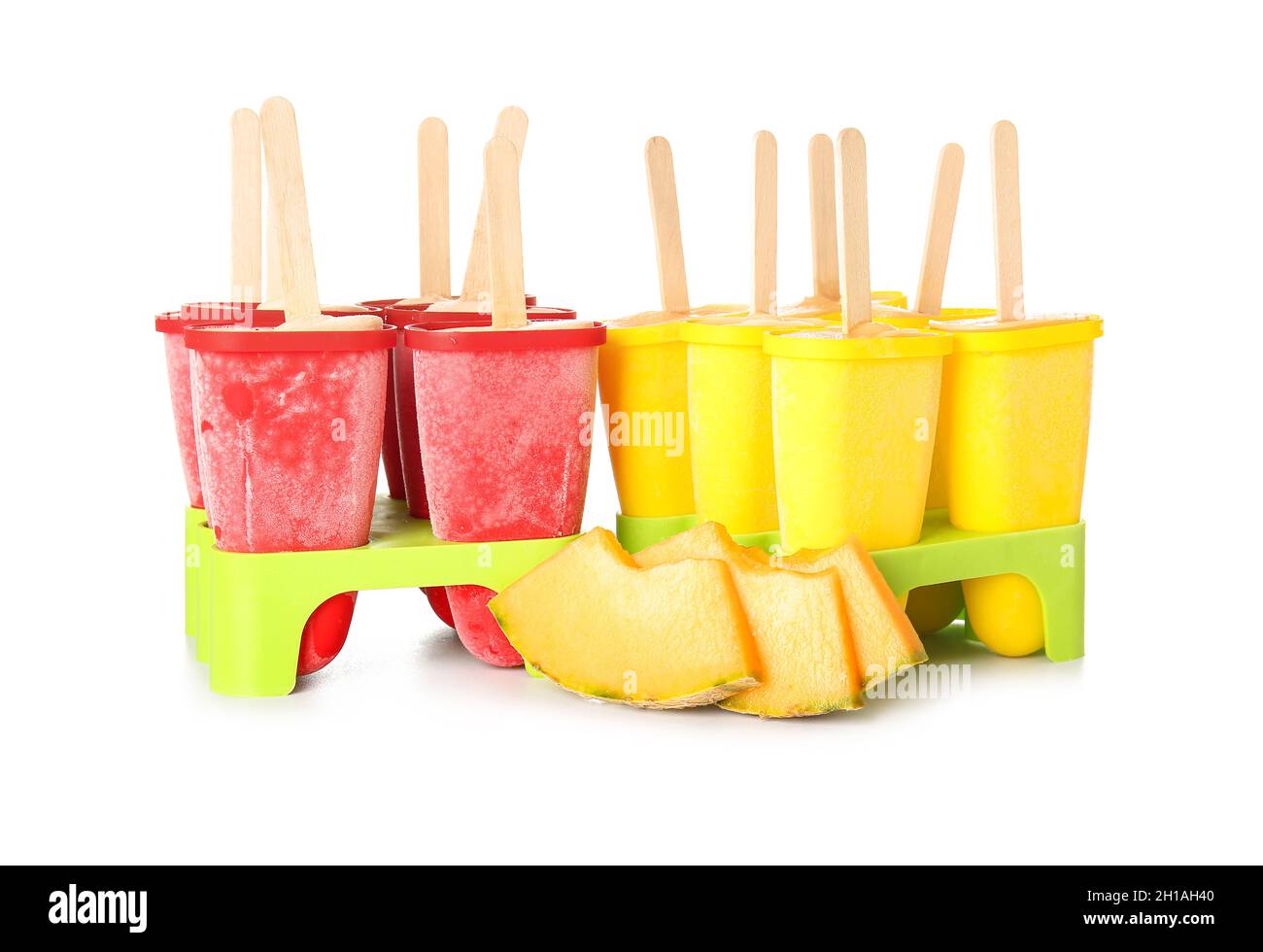 Containers with tasty melon popsicles on white background Stock Photo ...
