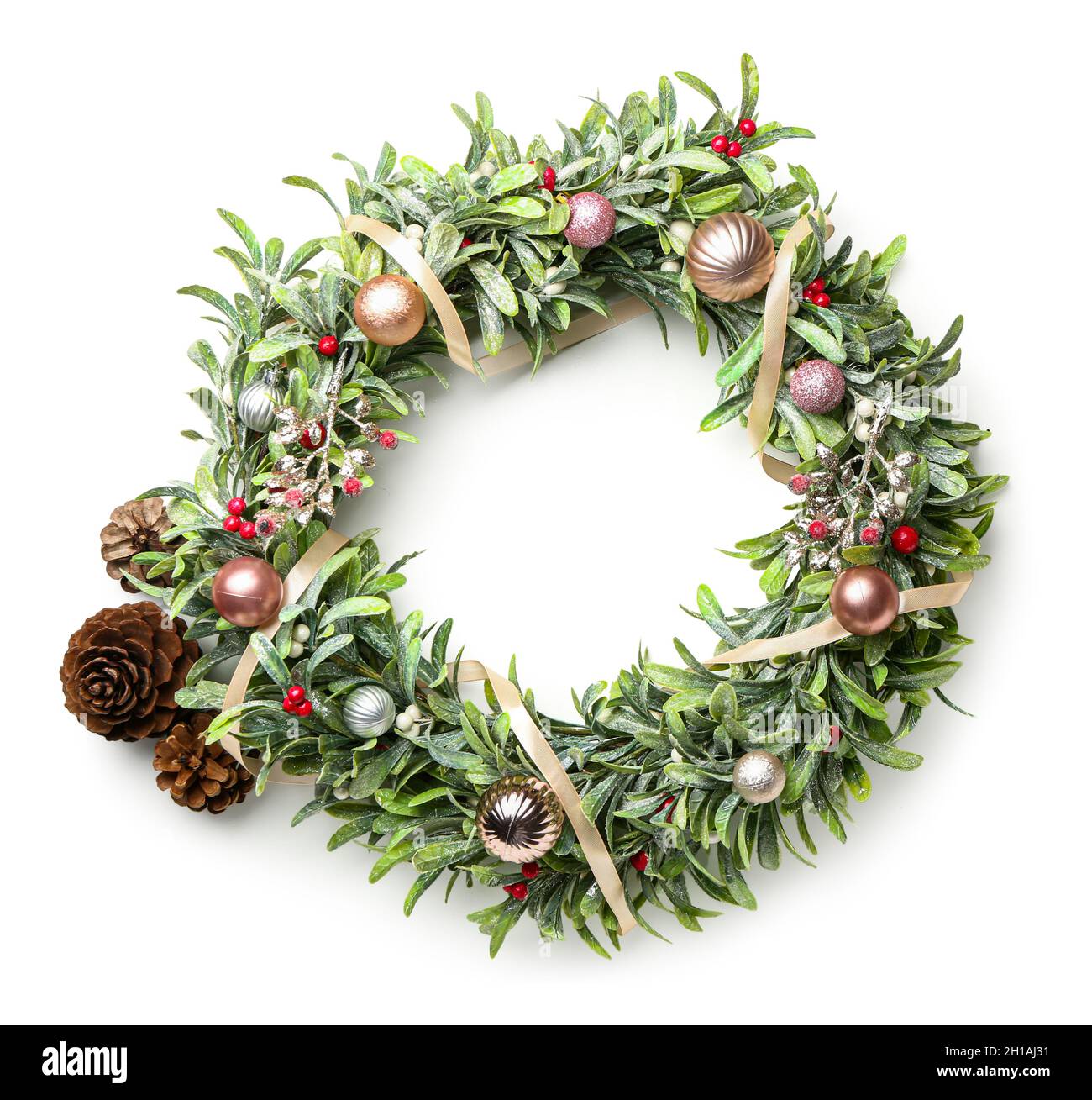 Beautiful mistletoe wreath on white background Stock Photo - Alamy