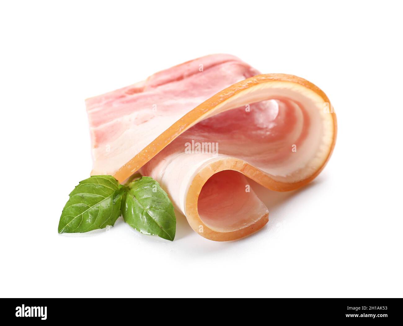 Slice of smoked bacon on white background Stock Photo - Alamy