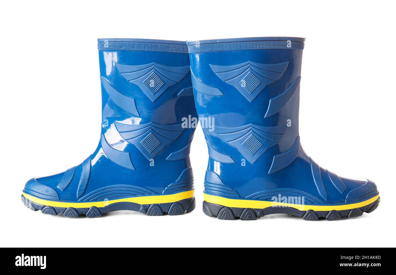 Blue rubber boots on white background Stock Photo - Alamy