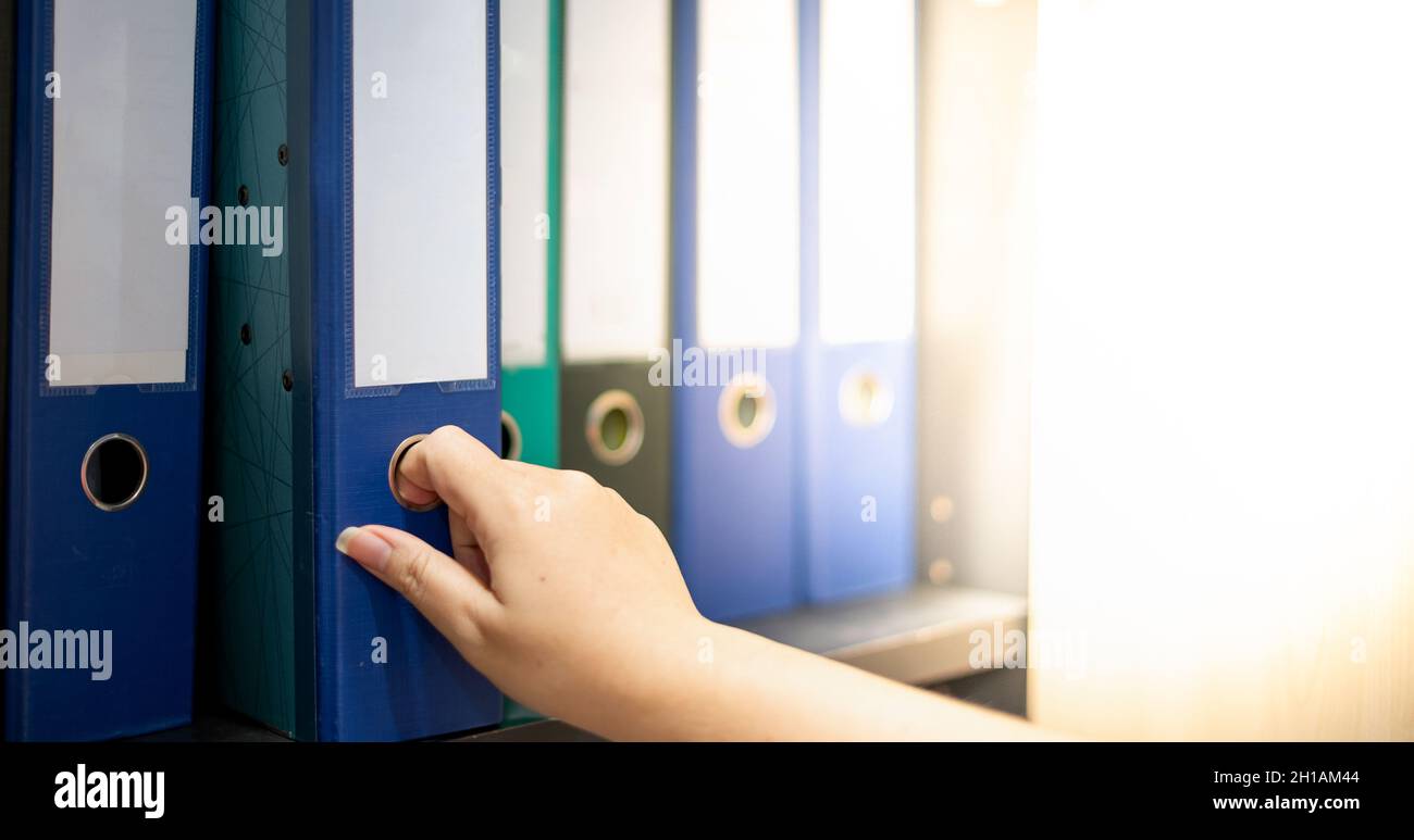 Female hand holding a binder of the document on the row of file folders ...