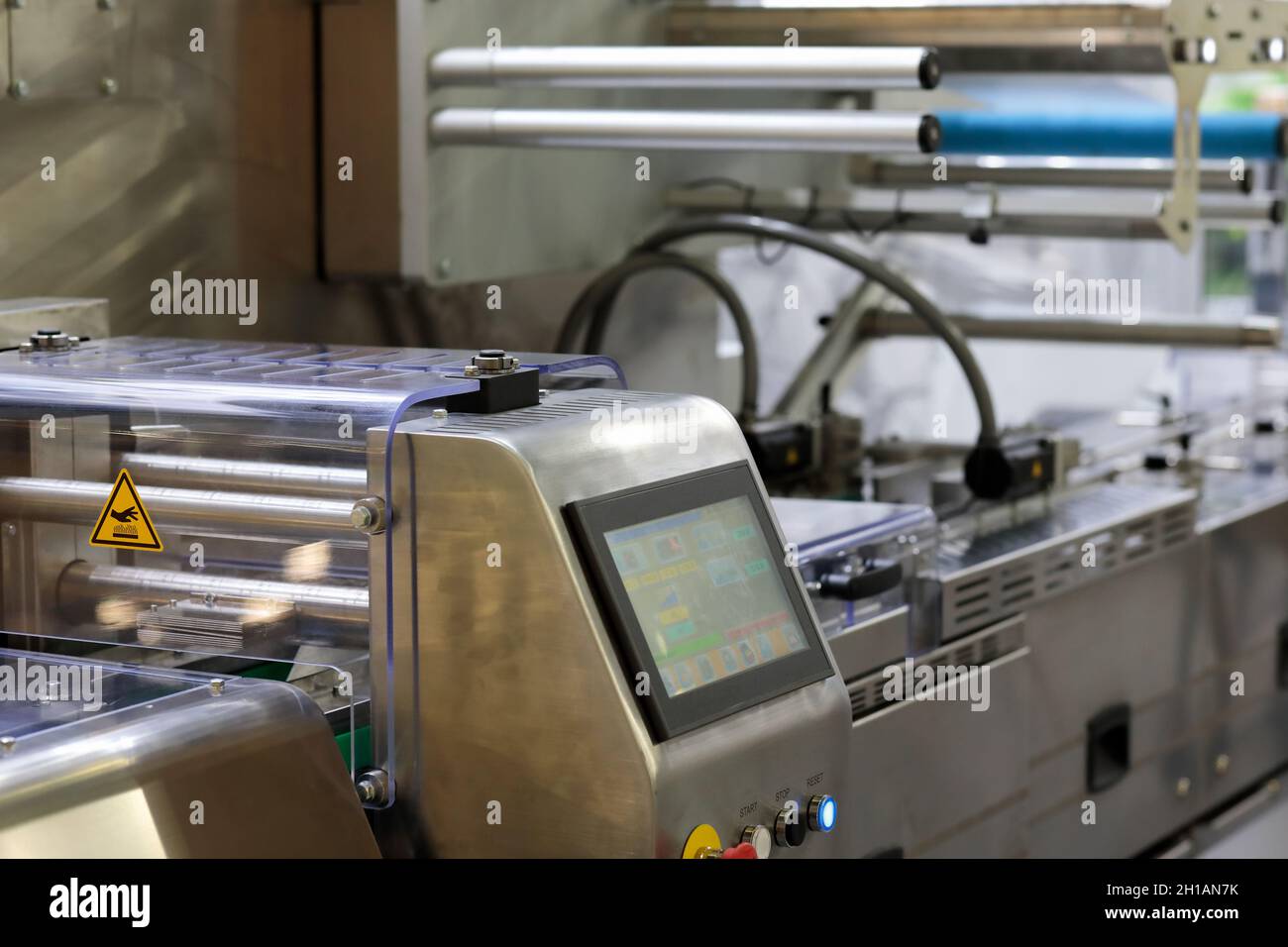 Automatic food packaging line with control panel of wrapping machine in ...