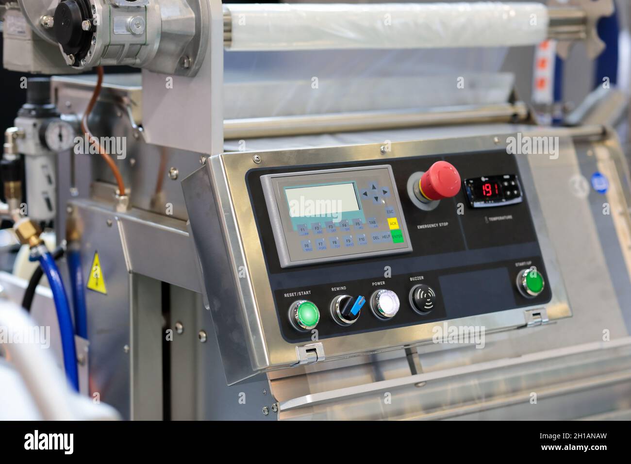 Control panel of industrial tray packaging machine. Tray sealing ...