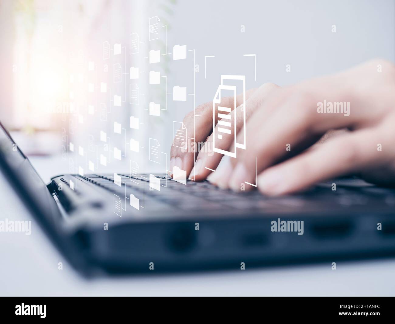 Document management. Document file information and folders icons with businessman hands working ...