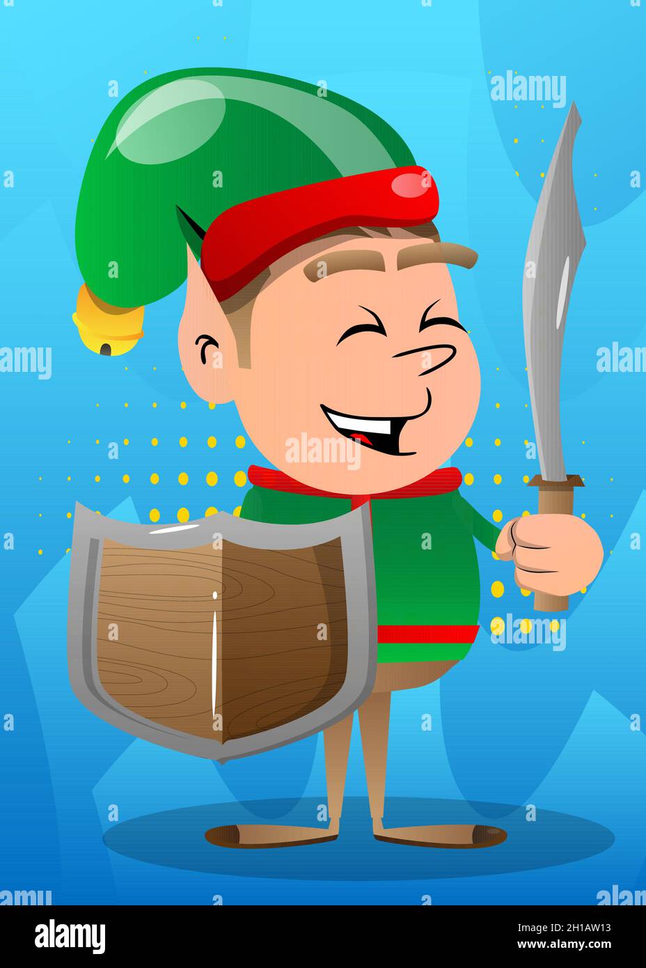 Christmas Elf holding a sword and shield. Vector cartoon character ...