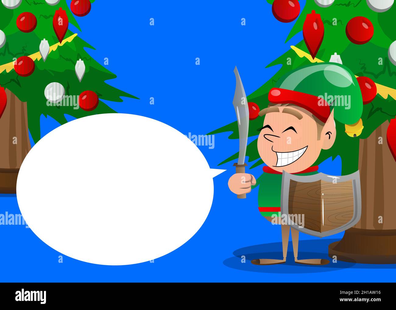 Christmas Elf holding a sword and shield. Vector cartoon character ...