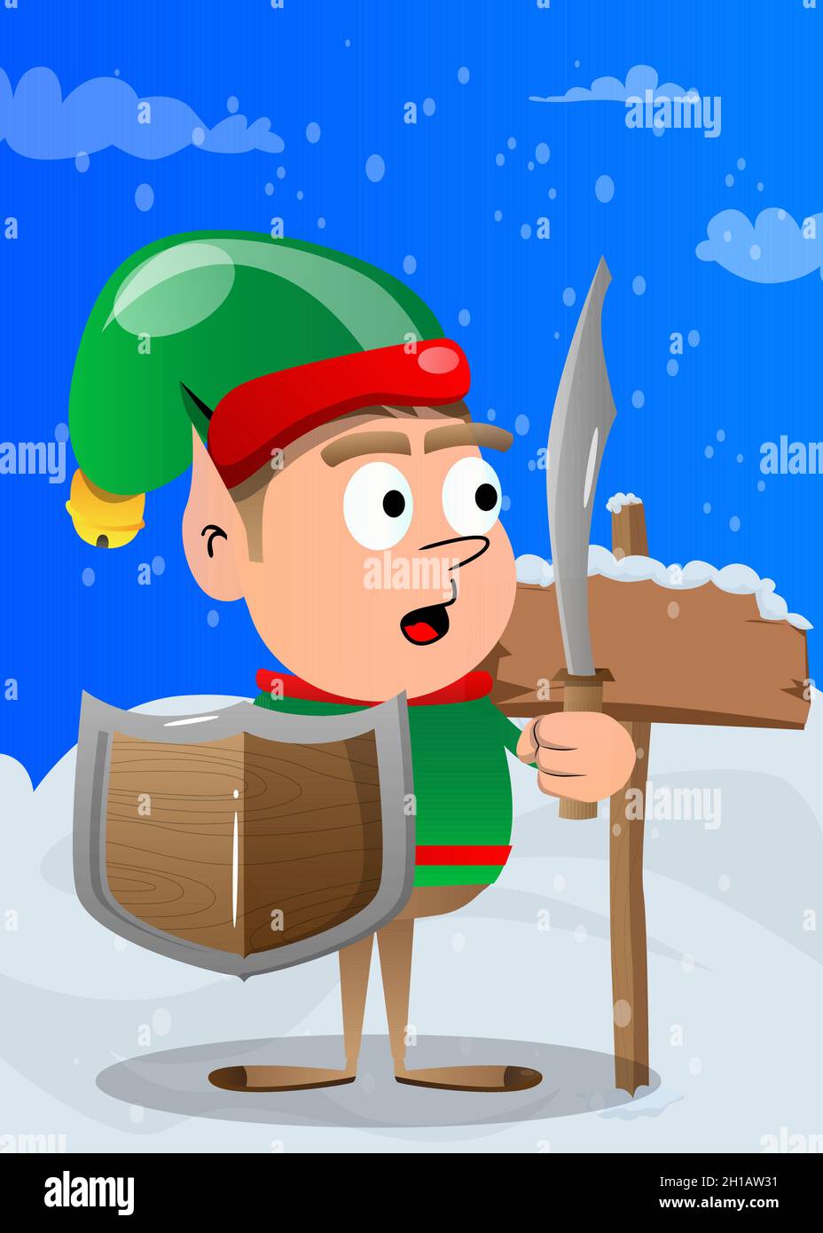 Christmas Elf holding a sword and shield. Vector cartoon character ...