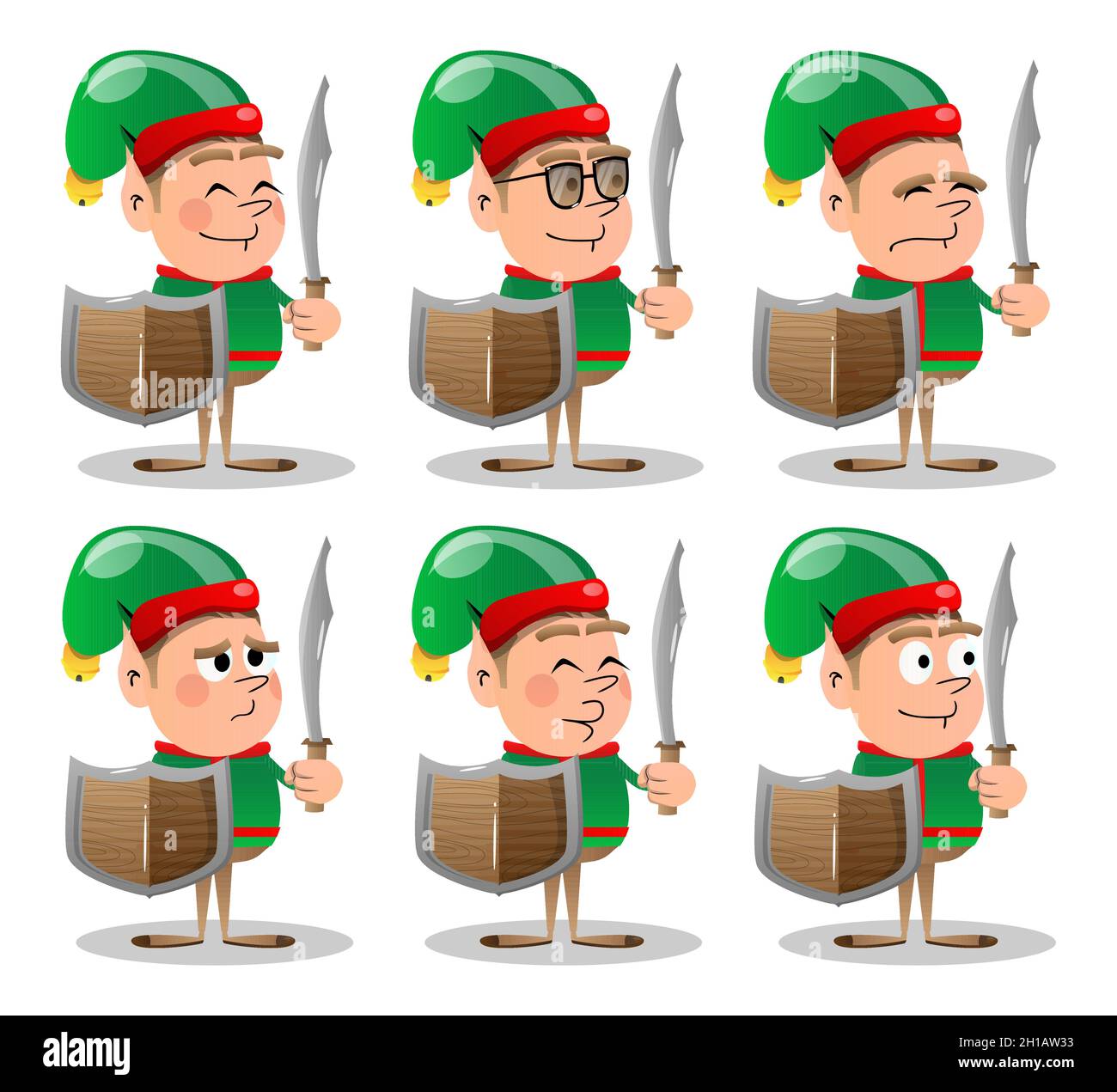 Christmas Elf holding a sword and shield. Vector cartoon character ...