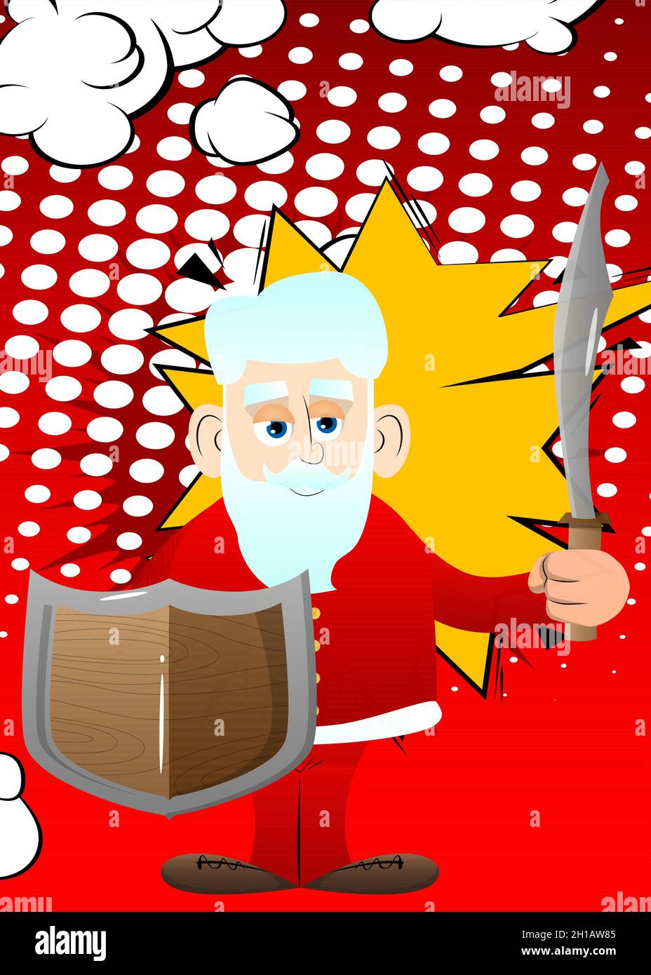 Santa Claus in his red clothes with white beard holding a sword and ...