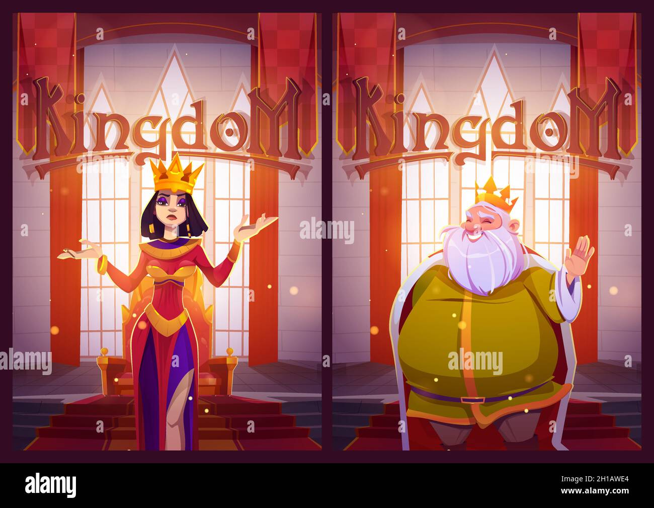 Kingdom posters with king and queen in medieval castle. Vector flyers ...