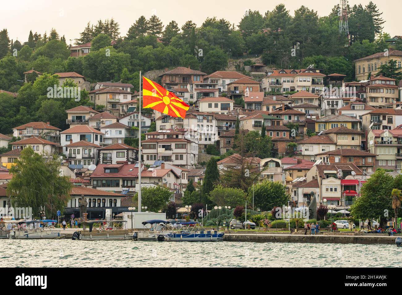 Macedonian Flag in Ohrid City at the shore of lake Ohrid, North ...