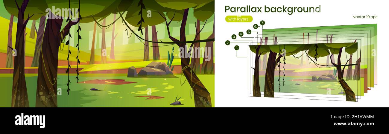 Parallax background cartoon forest nature 2d landscape, scenery wood ...