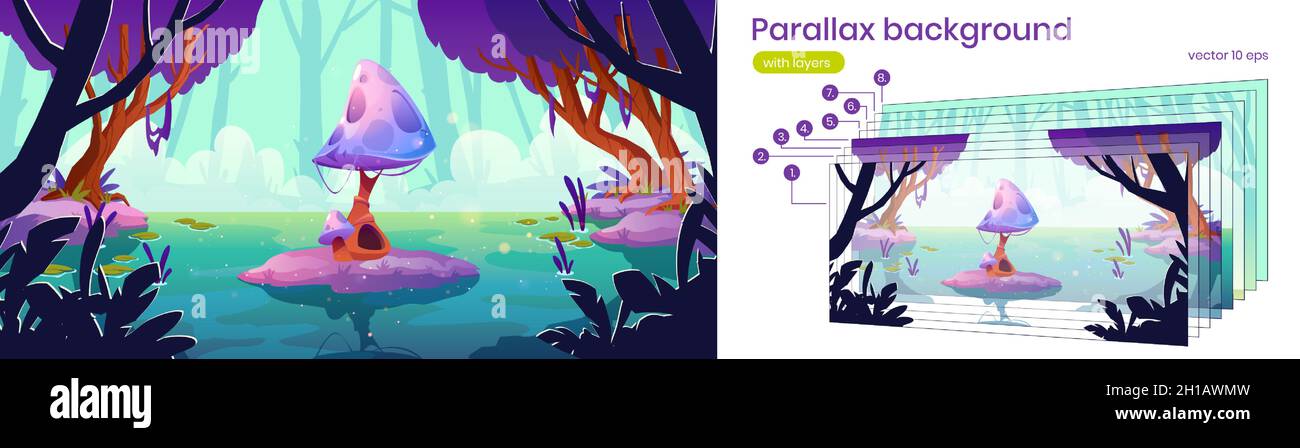 Parallax background fantasy 2d landscape with huge mushroom in forest ...