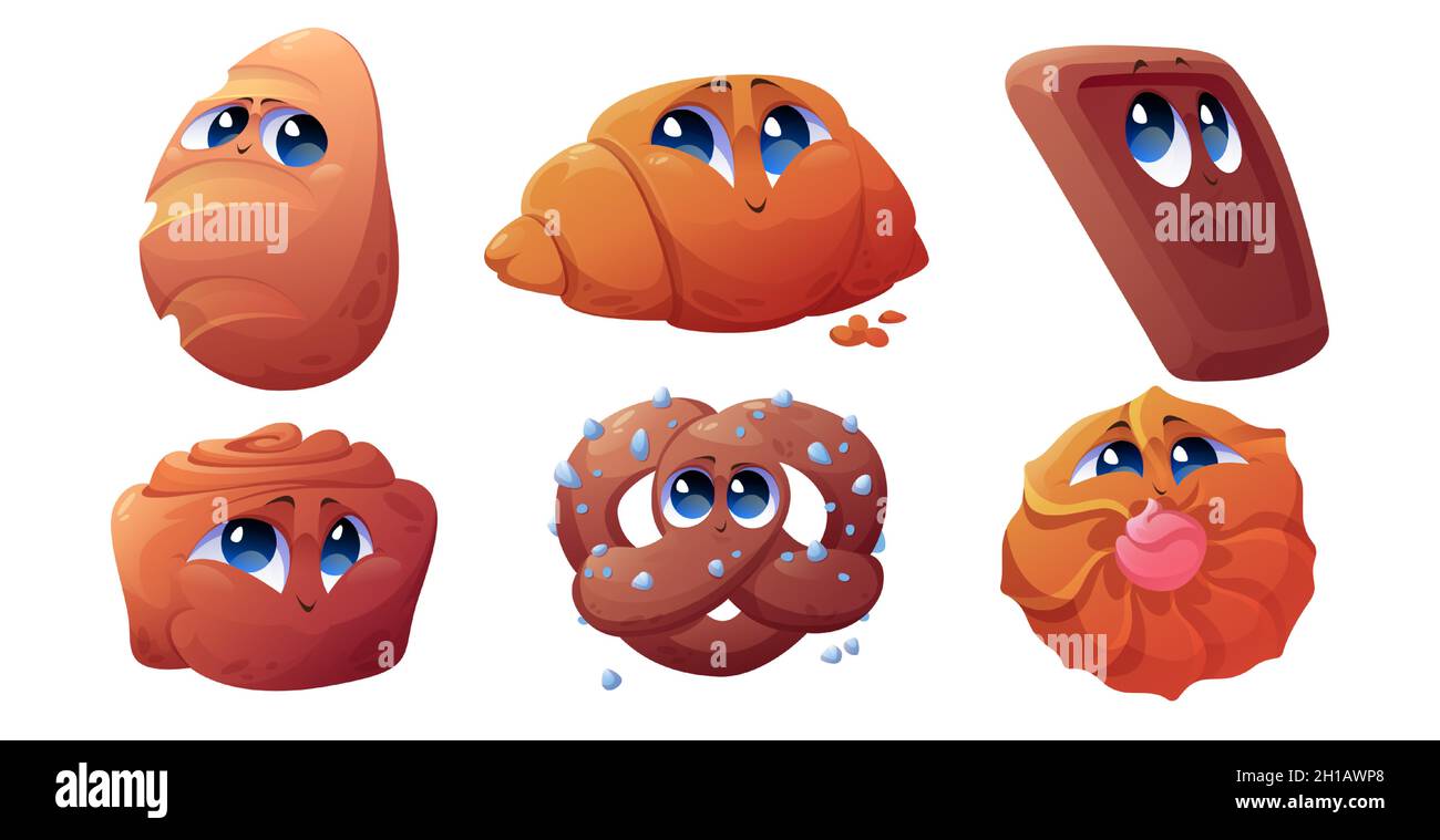 Cartoon bakery characters, cheerful croissant, bun, cinnabon and ...