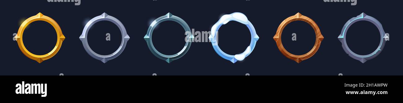 Set of round ui game frames, textured circles made of silver, gold ...