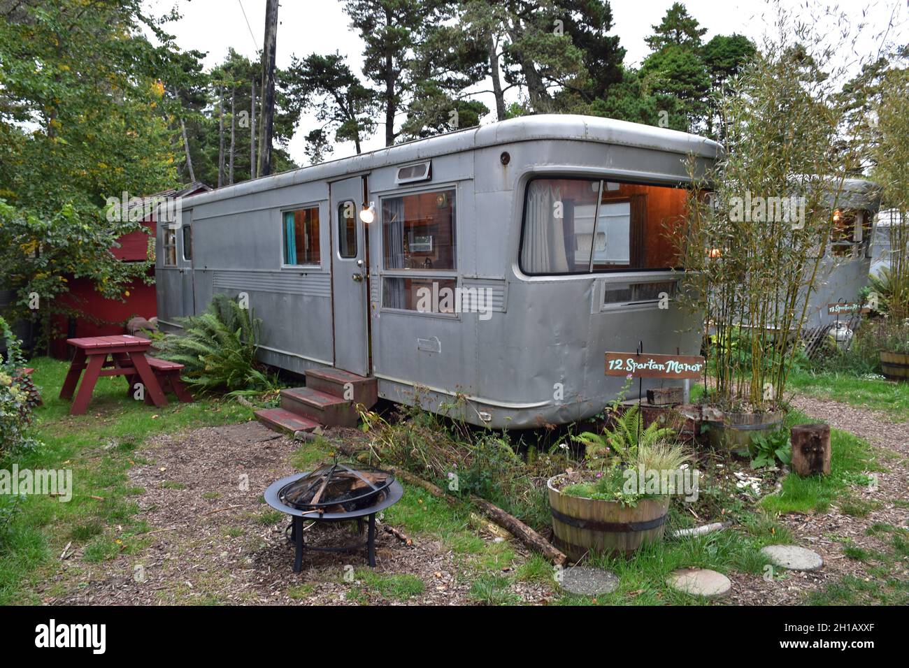 Exterior of a vintage 1950s Spartan Manor trailer at Souwester historic ...