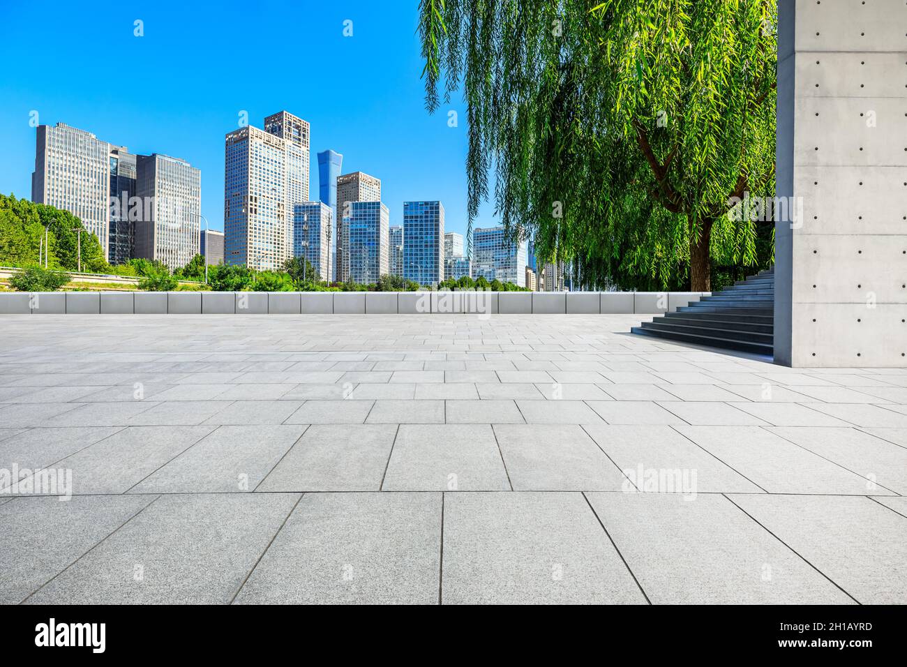 Empty square floor and modern city commercial buildings in Beijing ...