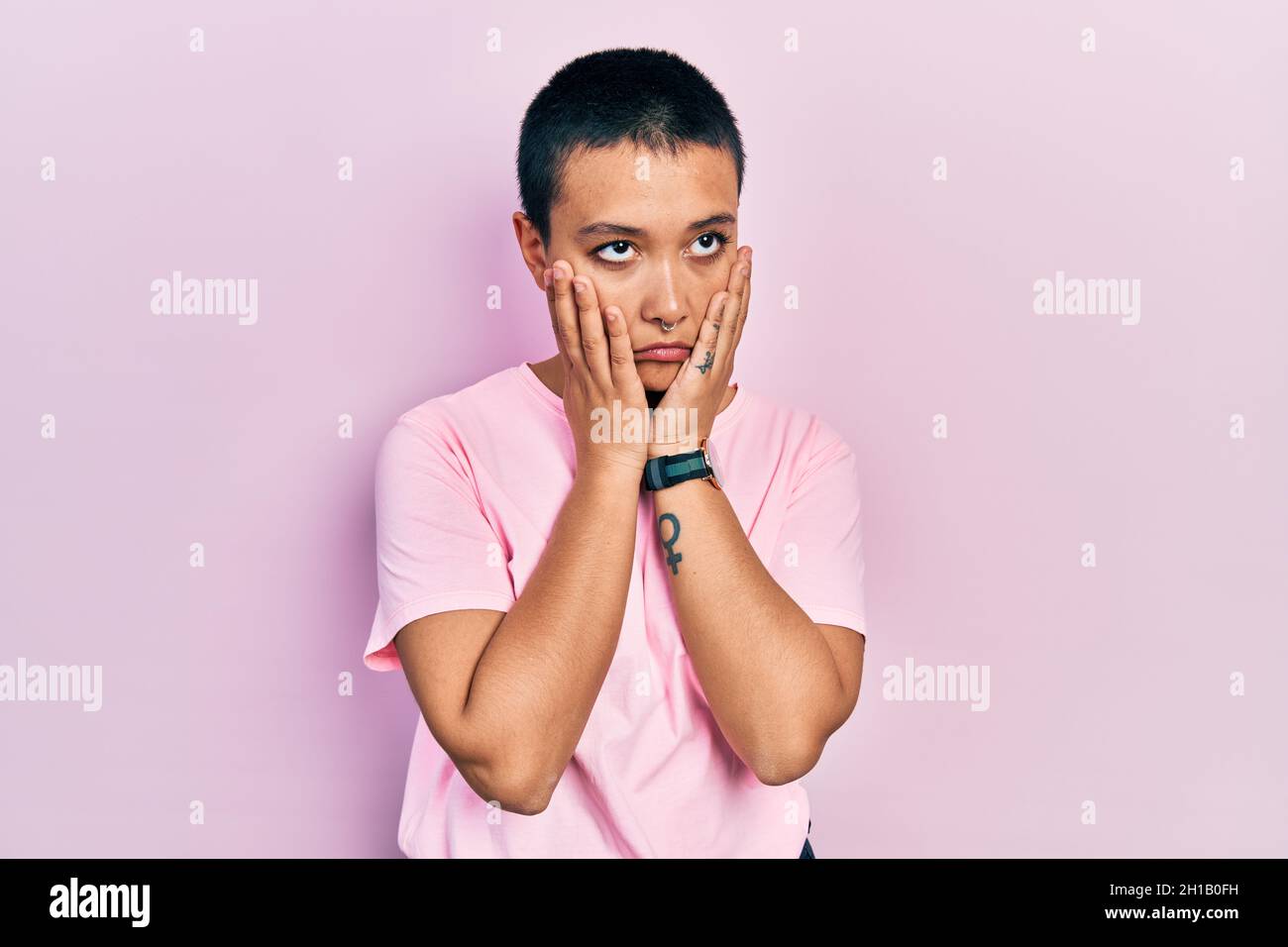 Exhausted woman shaved head hi-res stock photography and images - Alamy
