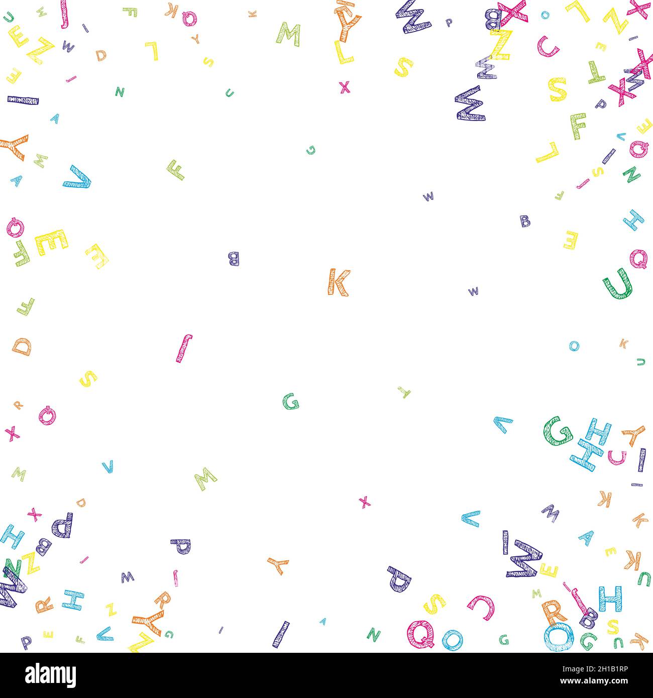 Falling letters of English language. Colorful messy sketch flying words ...