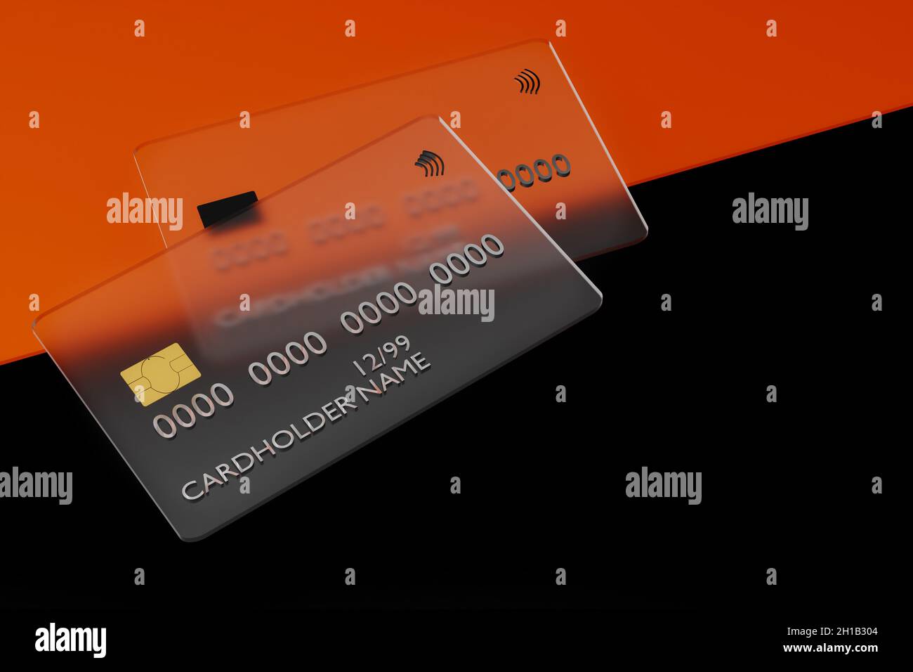 Transparent glass credit card on dark orange background. Bank card mock ...