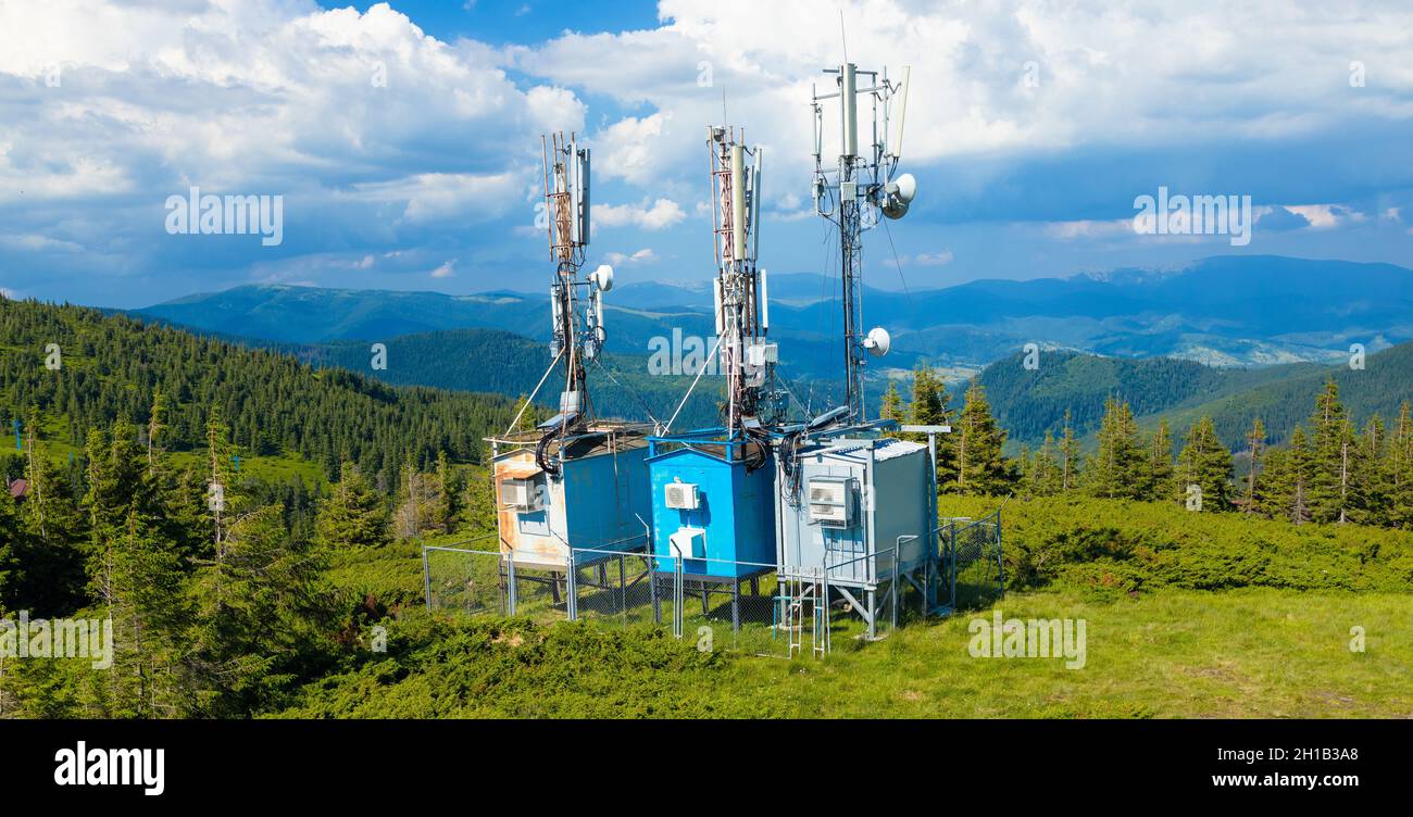 Aerial view of telecom towers and Digital and analog Television ...