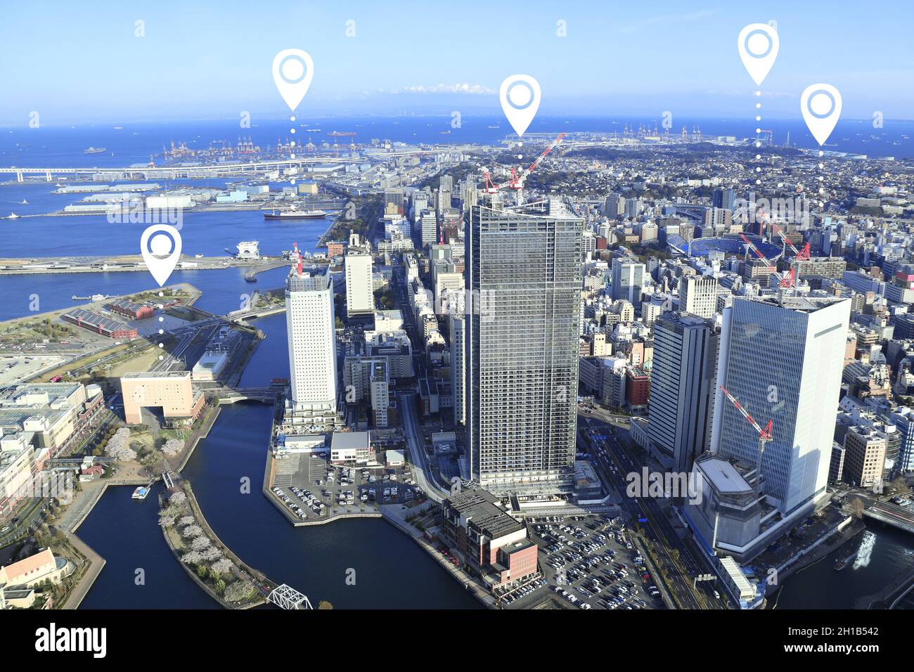 Network connection concept. Aerial view on Yokohama city with location ...