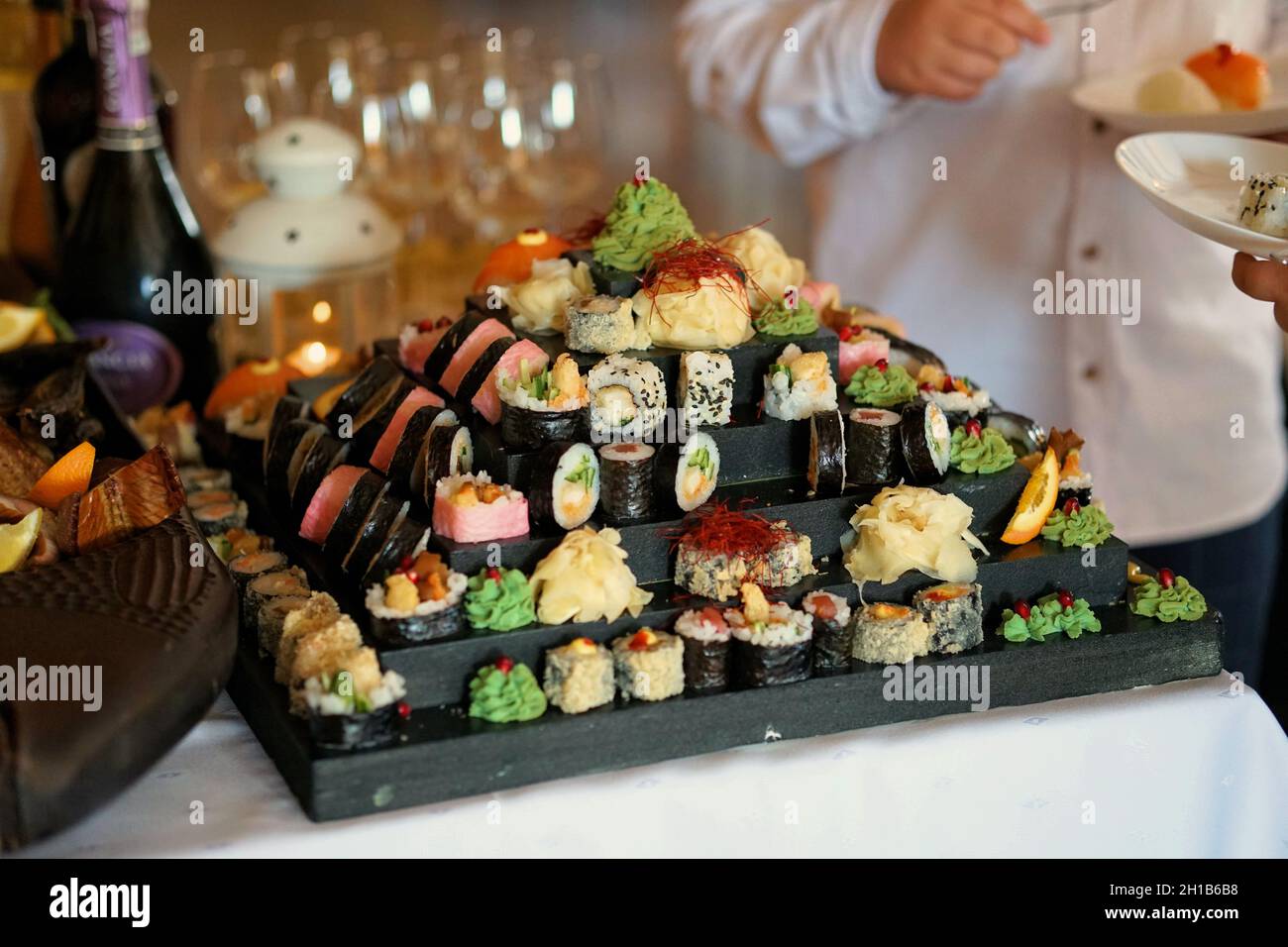 Sushi Pyramid In The Party Stock Photo - Alamy