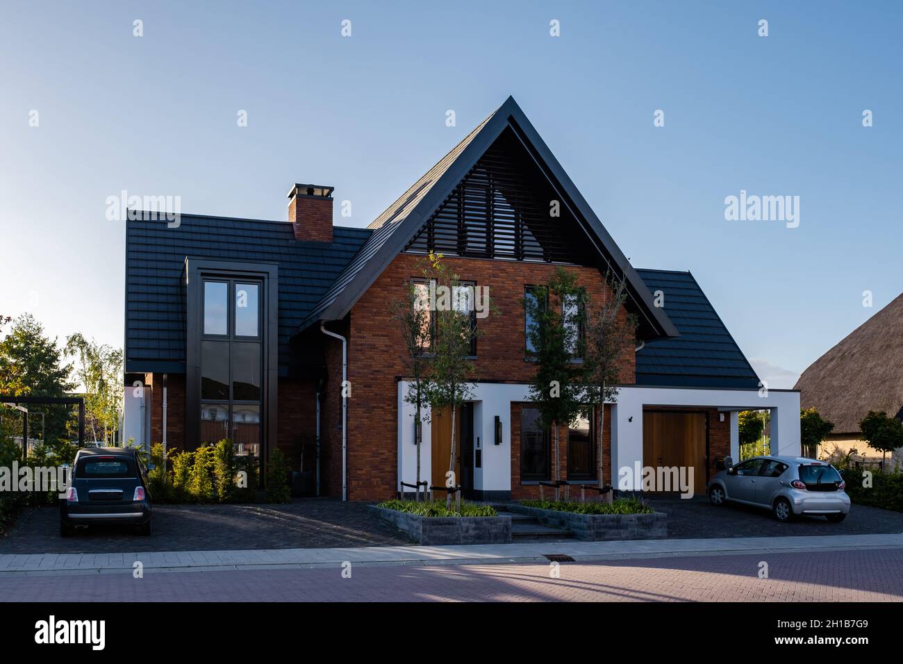 Dutch Suburban area with modern family houses, newly build modern ...