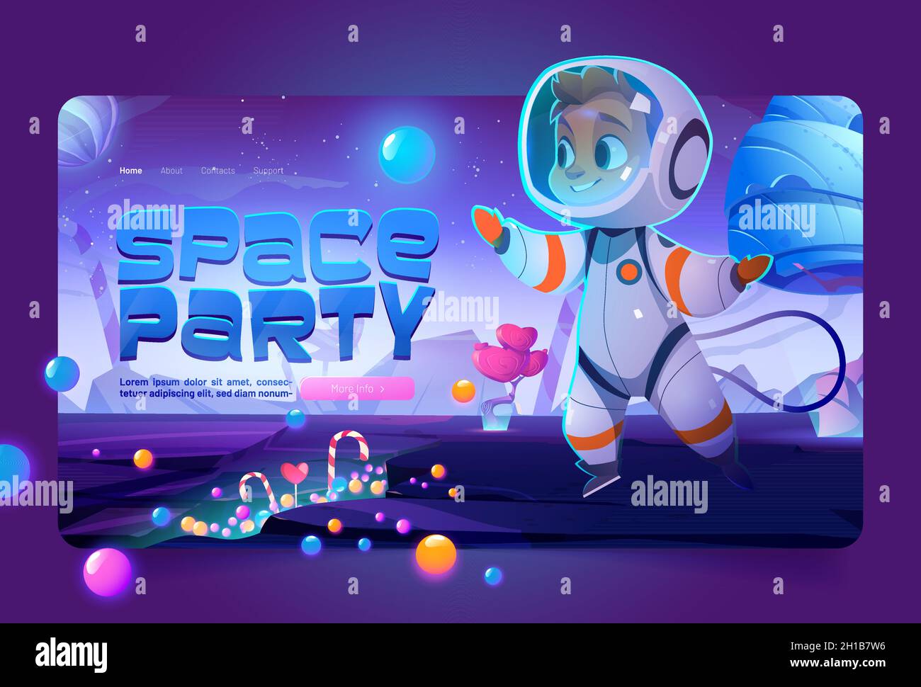 Space party banner with cute spaceman in sweet world. Vector landing ...