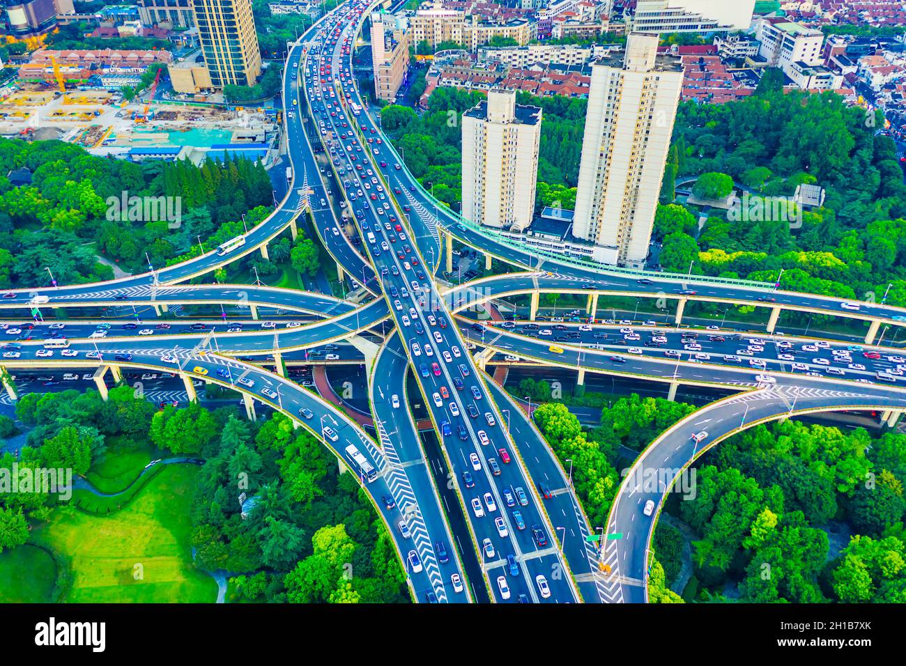 Aerial view of buildings and highway interchange in Shanghai,China ...